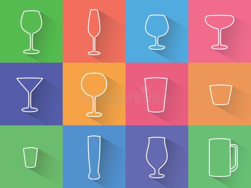 Set of Glasses, Wineglasses and Cups Flat Icons Stock Vector ...