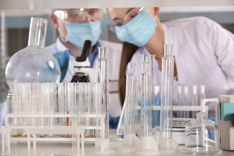 Set of Glassware on Table in Laboratory Stock Image - Image of ...