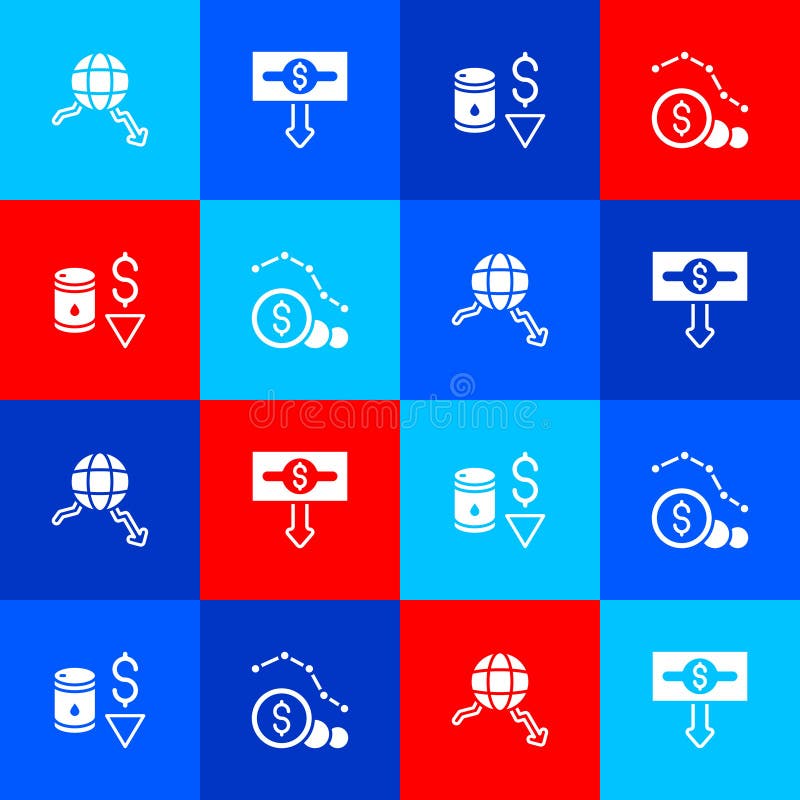 Set Global Economic Crisis, Dollar Rate Decrease, Drop in Crude Oil Price and Icon. Vector Stock ...
