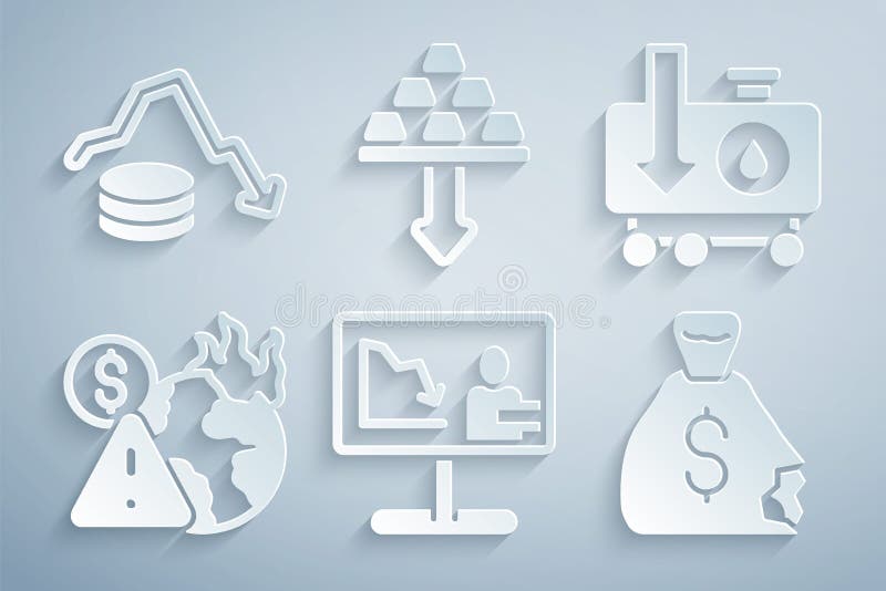 Set Global Economic Crisis News, Drop in Crude Oil Price, Money Bag, Gold Bars and Dollar Rate ...