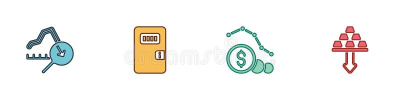 Set Global Economic Crisis, Prison Cell Door, Dollar Rate Decrease and Gold Bars Icon. Vector ...