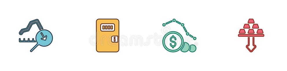Set Global Economic Crisis, Prison Cell Door, Dollar Rate Decrease and Gold Bars Icon. Vector ...
