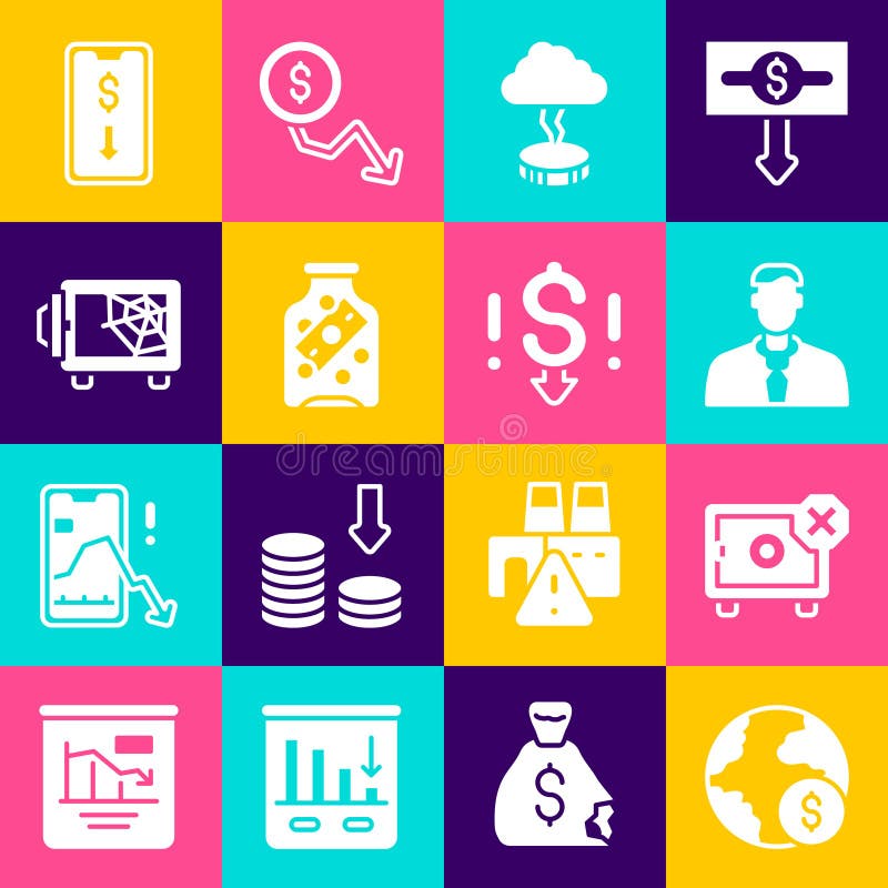 Set Global Economic Crisis, Safe, Worker, Storm, Glass Money Jar with Coin, Mobile Stock Trading ...