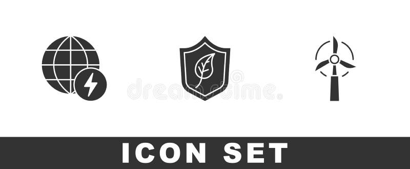 Set Global Energy Power Planet, Shield with Leaf and Wind Turbine Icon ...