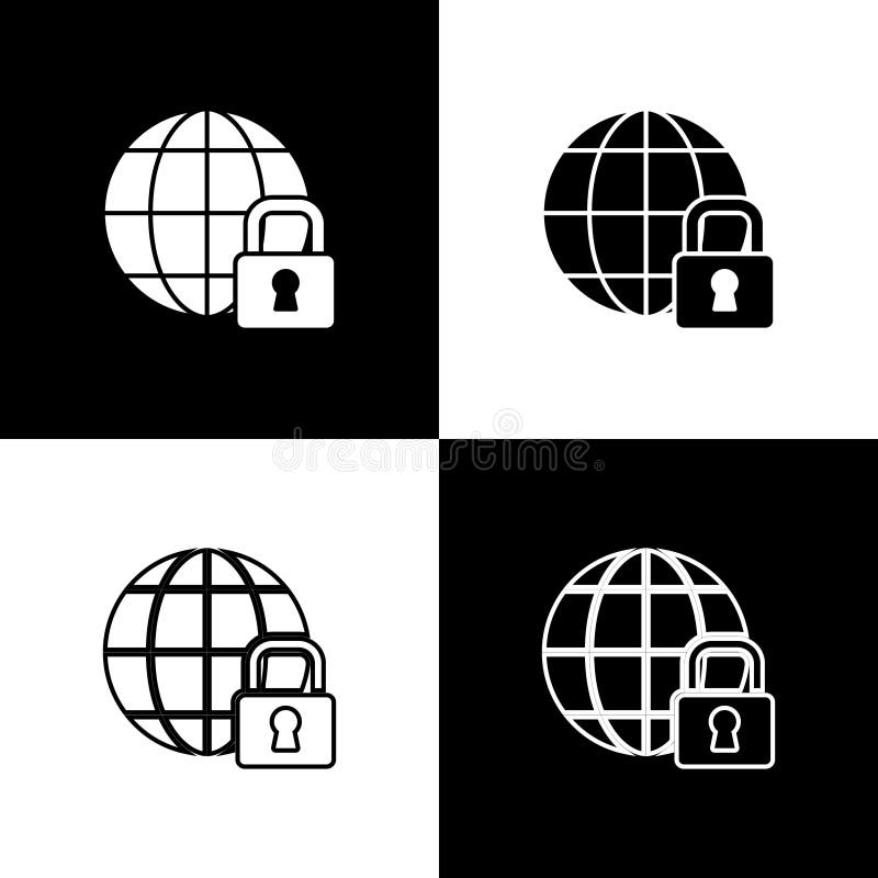 Set Global Lockdown - Locked Globe Icon Isolated on Black and White ...