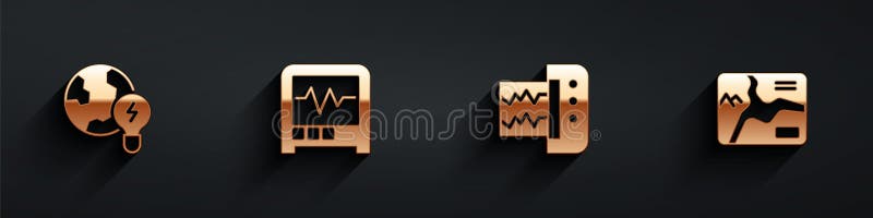 Set Global Planet with Bulb, Seismograph, and Topographic Map Icon with ...