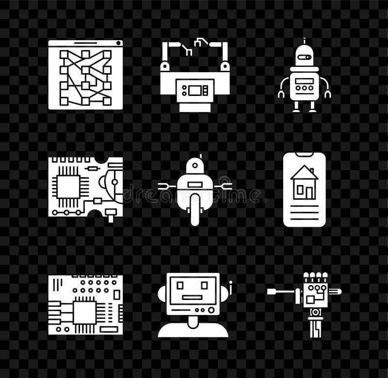 Set Global Technology or Social Network, Assembly Line, Robot, Printed ...