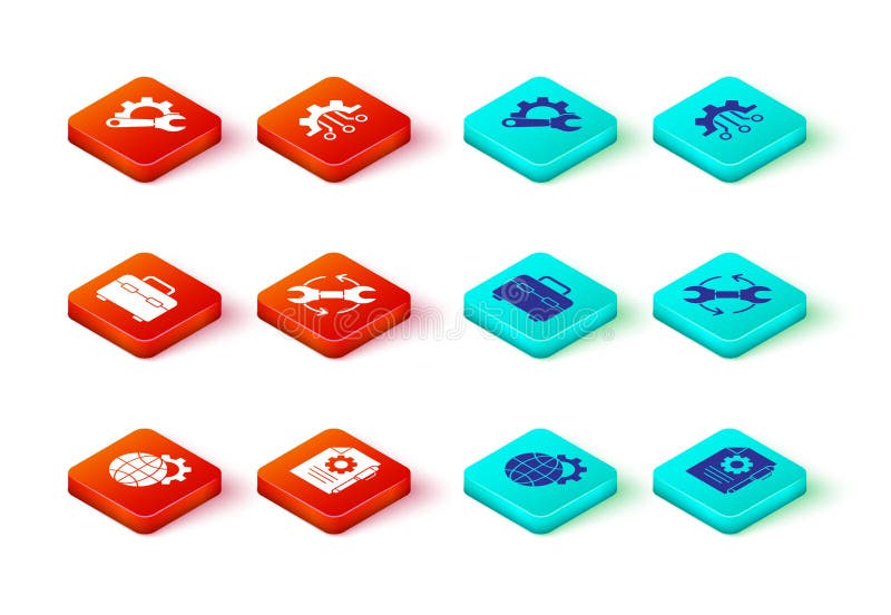 Set Globe of the Earth and Gear, Document Settings Pen, Toolbox, Wrench Arrows As Workflow ...