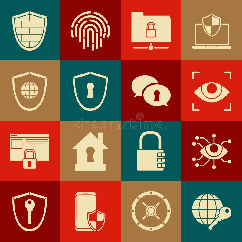 Set Globe Key, Eye Scan, FTP Folder and Lock, Shield with Keyhole, World Globe, Cyber Security ...
