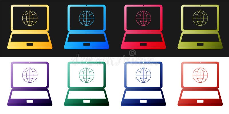 Set Globe on Screen of Laptop Icon Isolated on Black and White ...