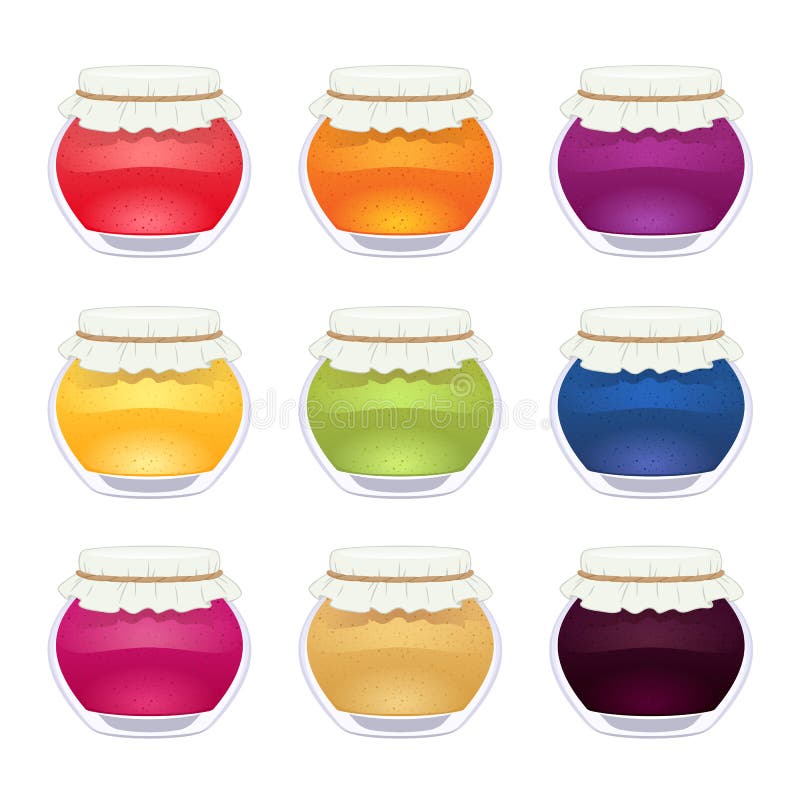 Set of Glossy Colorful Jam Jars. Stock Vector - Illustration of cherry ...