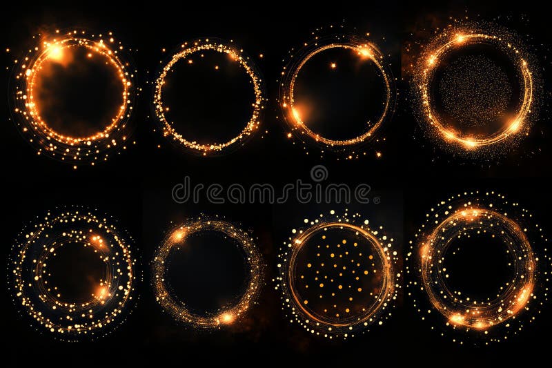 Set of Glowing Abstract Golden Light Circle Frames on Black Background ...