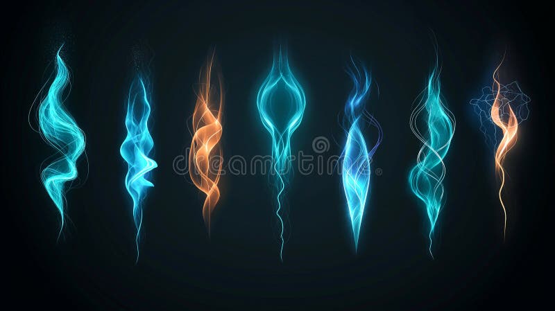 Set of Glowing Blue and Orange Lightning and Thunder Shapes on Dark ...