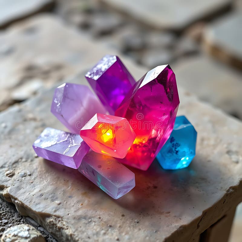 A Set of Glowing Colored Crystal Shards Resting on a Stone Table Stock ...