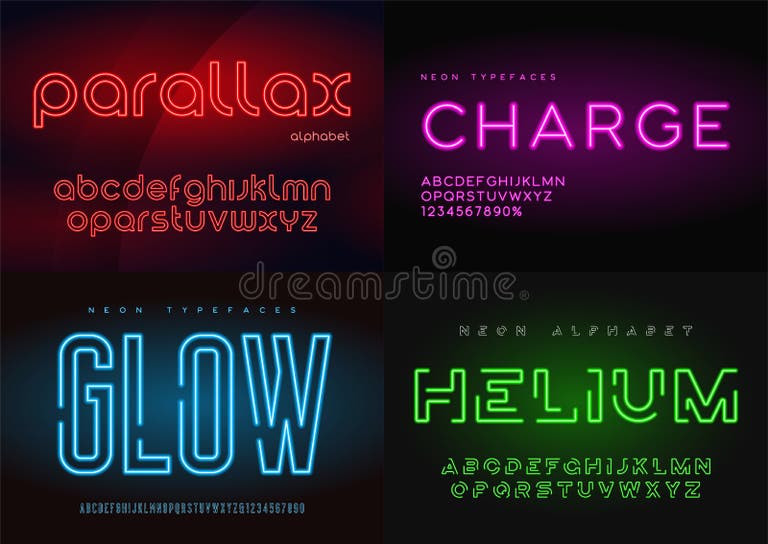 Set of Glowing Neon Vector Typefaces, Alphabets, Letters, Fonts, Stock ...