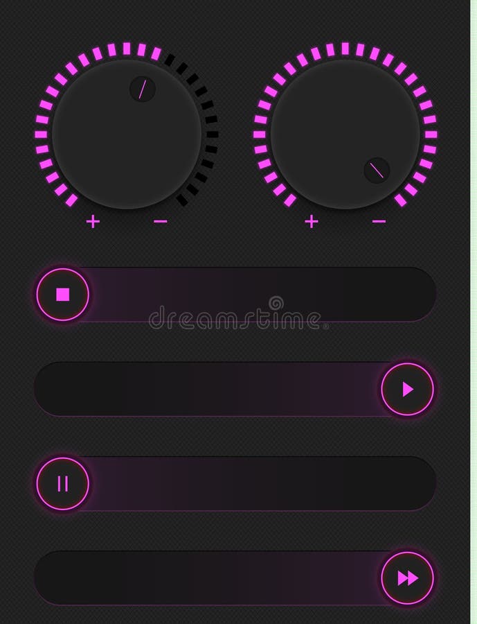 Set of Glowing Purple Buttons and Sliders. Neon Style. Control User ...