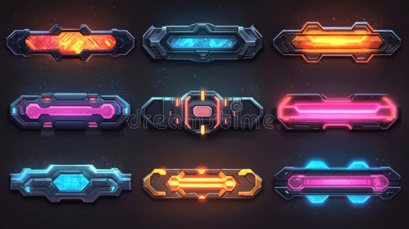 Set of Glowing Rectangular Game Interface Buttons with Hi Tech ...