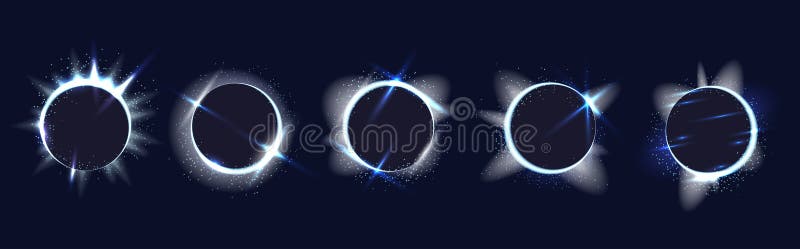 Set of Glowing Silver Rings with Light, Stars and Blinks Around, Five ...