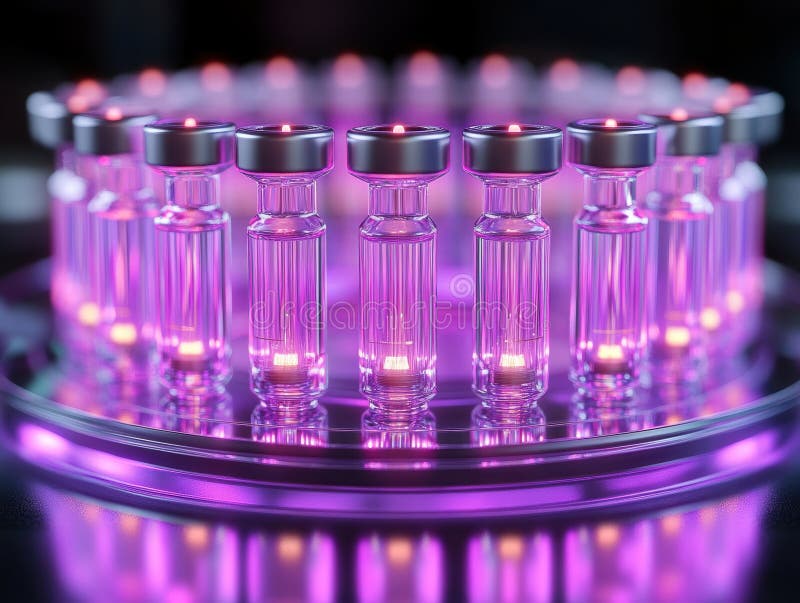 A Set of Glowing Vials Arranged in a Circular Formation on a High-tech ...