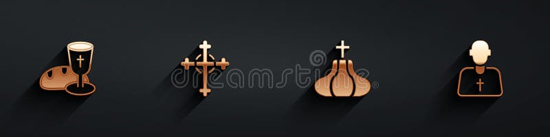 Set Goblet and Bread, Christian Cross, Church Tower and Priest Icon ...