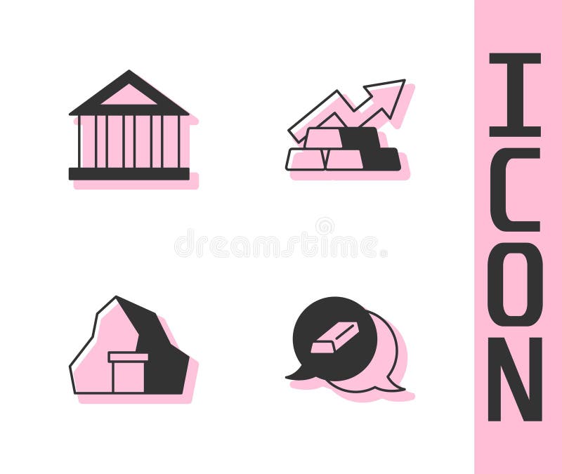 Set Gold Bars, Bank Building, Mine and Growth Arrow with Gold Icon ...