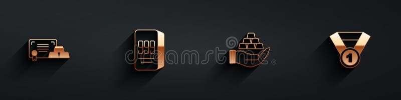 Set Gold Bars with Certificate, 24k, in Hand and Medal Icon with Long ...