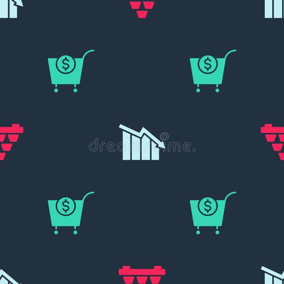 Set Gold Bars, Financial Growth Decrease and Shopping Cart and Dollar on Seamless Pattern ...