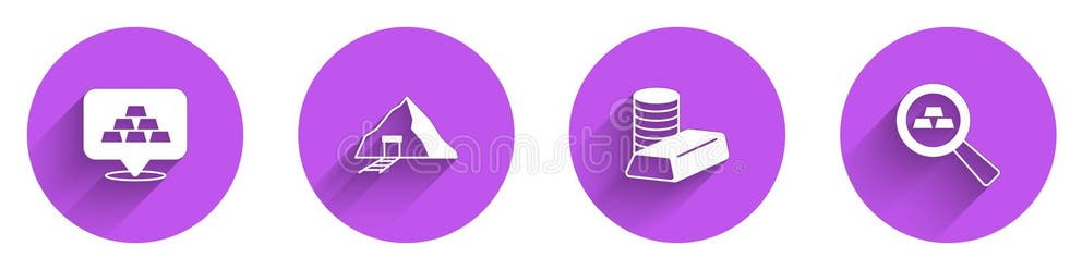 Set Gold Bars, Mine, Coin with Gold and Icon with Long Shadow. Vector ...