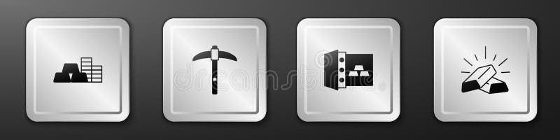 Set Gold Coin with Gold Bars, Pickaxe, Safe and Icon. Silver Square ...