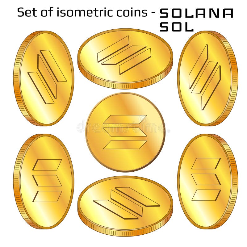 Set of Gold Coins Solana SOL in Isometric View Isolated on White ...