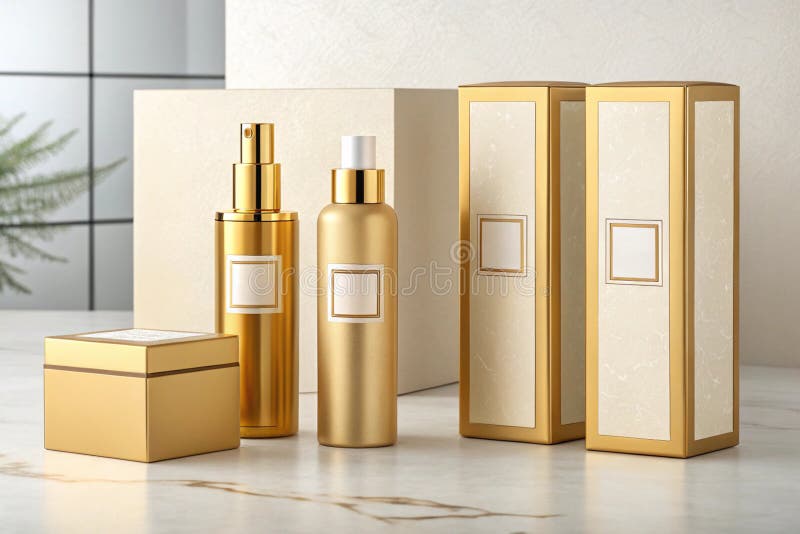 Set Gold Cosmetic Bottles Packaging Mockup, Ready for Your Design, 3d ...