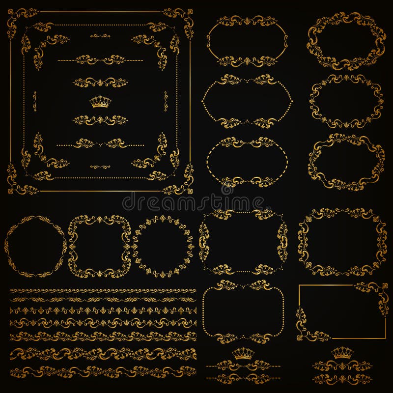 Set of Gold Decorative Hand-drawn Floral Elements Stock Vector ...