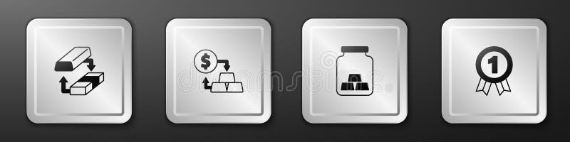 Set Gold Exchange Money, Bars and Medal Icon. Silver Square Button ...