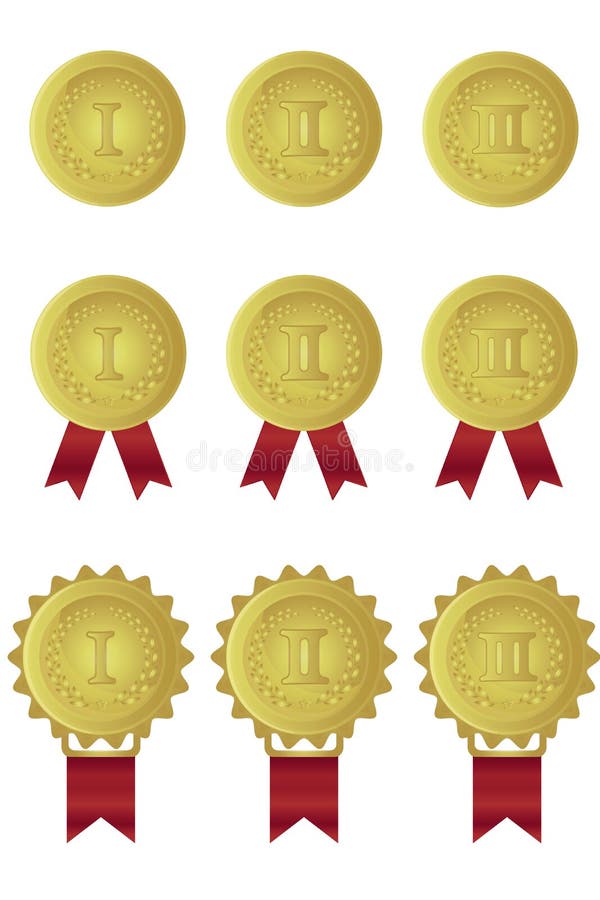 Set of Gold Medals with Red Ribbons Stock Illustration - Illustration ...