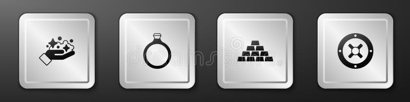 Set Gold Mine, Ring, Bars and Safe Icon. Silver Square Button. Vector ...