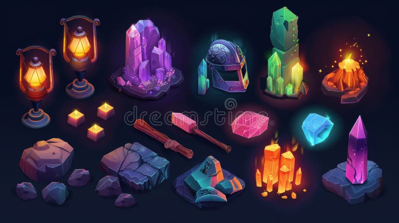 A Set of Gold Mine Tools for Games - Glowing Nuggets of Gold in Stones ...