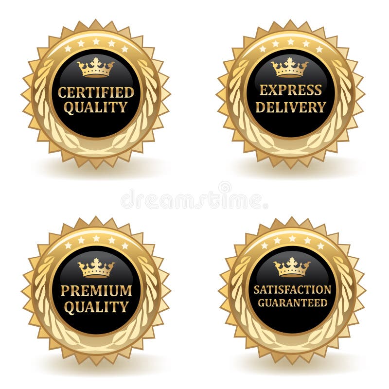 Set of Gold Quality Badges stock illustration. Illustration of golden ...