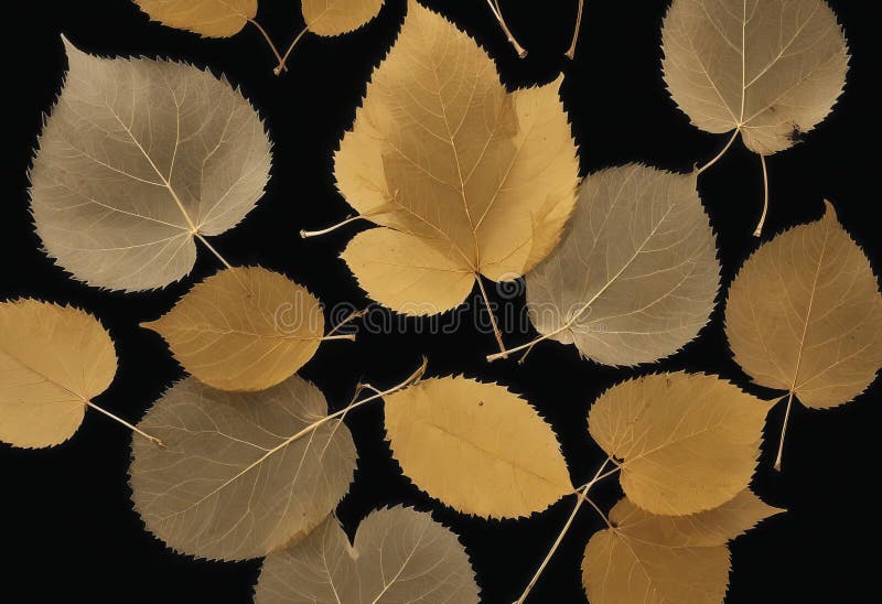 Set of Gold Skeleton Leaves on Black Background Stock Illustration ...