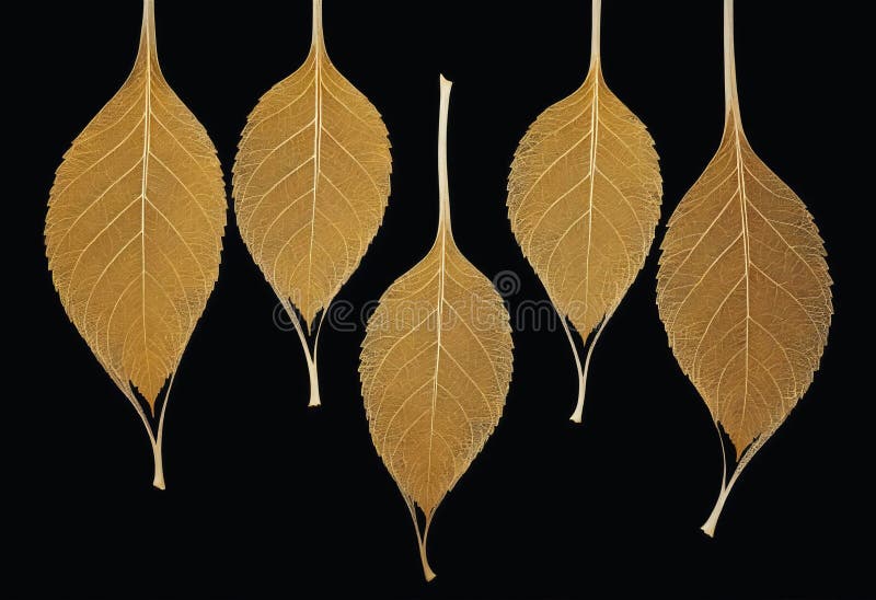 Set of Gold Skeleton Leaves on Black Background Stock Illustration ...