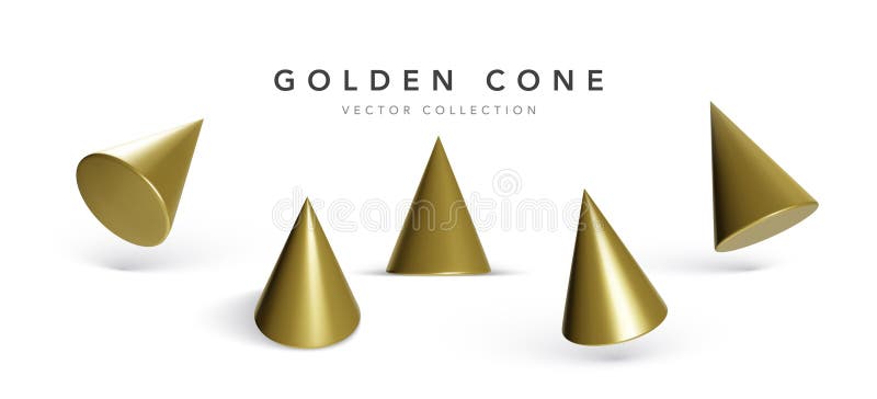 Set of Golden Geometric Cones Isolated on White Background. 3d ...