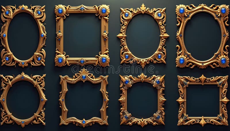 Set of Golden Medieval-style Frames for Game UI. Ornate Visual Elements ...