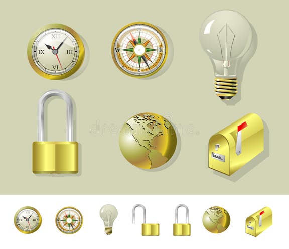 Set of golden objects stock vector. Illustration of bulb - 11121156