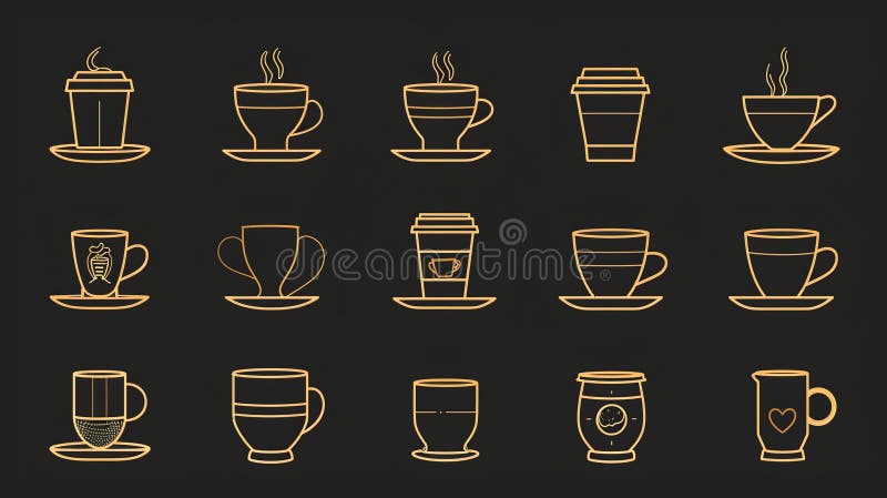 Set of 15 Golden Outline Icons of Different Types of Coffee Cups on a ...