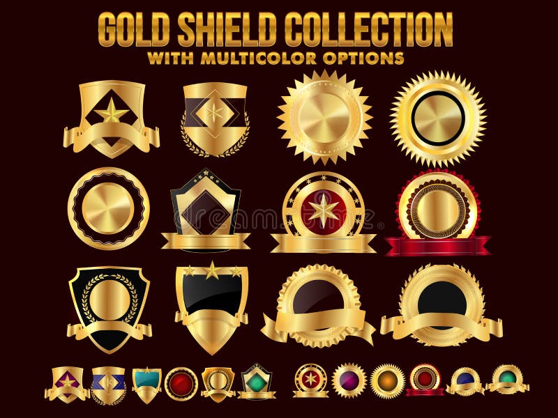 Set of Golden Shield, Stickers, Labels or Ribbons. Stock Illustration ...