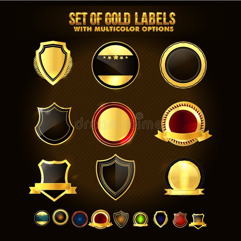 Set of Golden Shield, Stickers, Labels, Ribbons. Stock Illustration ...