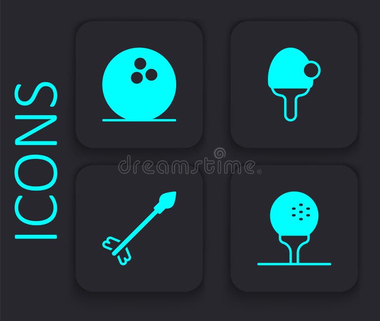 Set Golf Ball on Tee, Bowling, Racket and Medieval Arrows Icon. Black ...