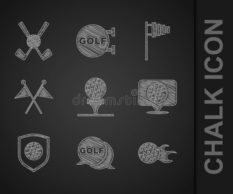 Set Golf Ball on Tee, Label, with Shield, Flag, and Crossed Golf Club ...