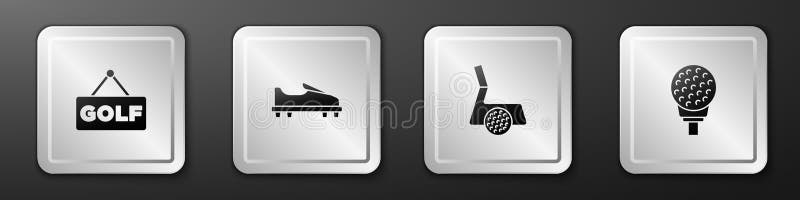 Set Golf Label, Shoe, Club with Ball and on Tee Icon. Silver Square ...