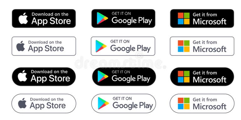 Set of Google Play Store, Apple App Store and Microsoft Store Badges ...