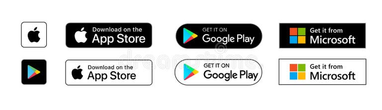 Set of Google Play Store, Apple App Store and Microsoft Store Badges ...